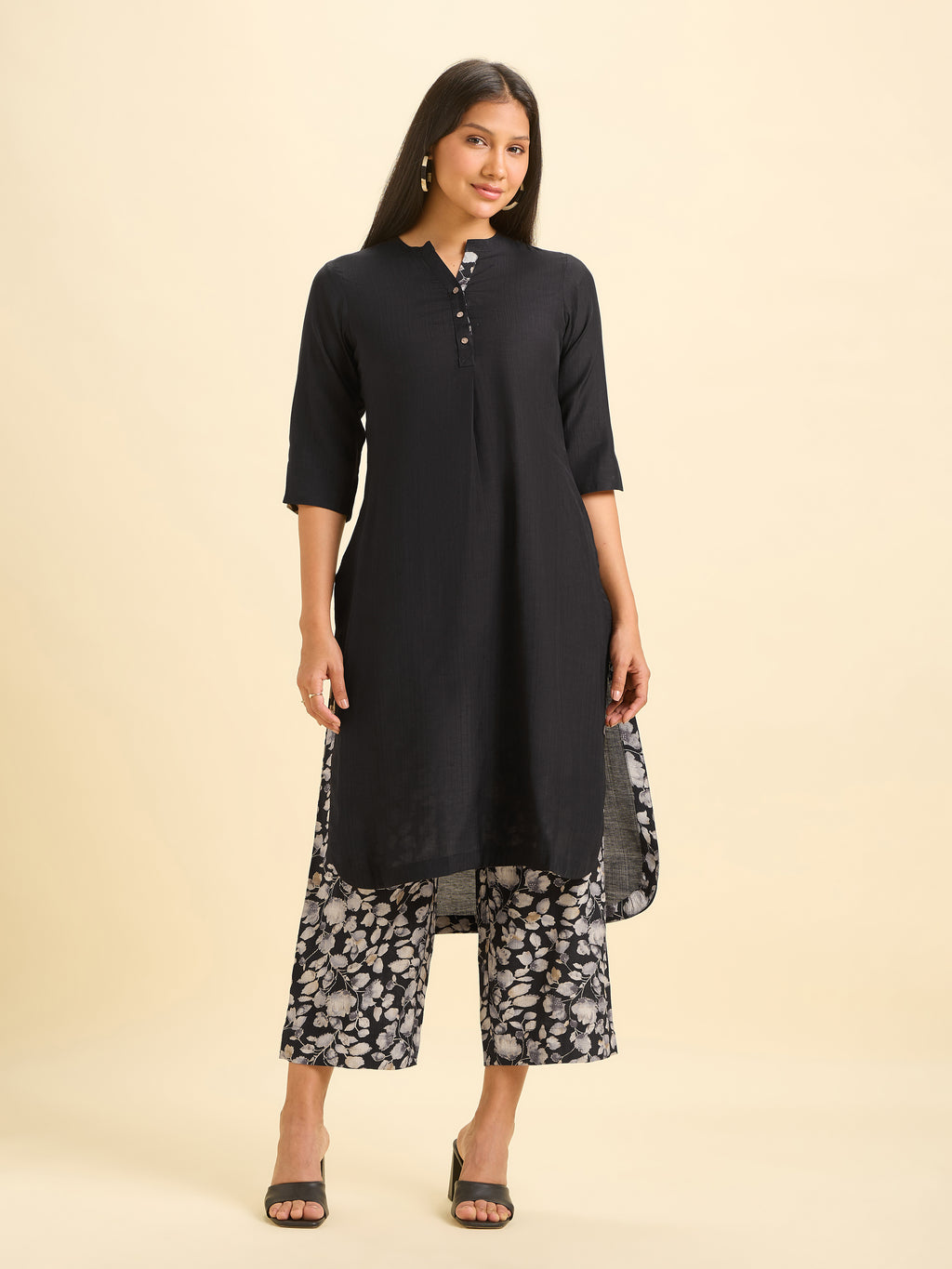 Black Viscose Blend Slit Kurti Set With High - Low Hem Line